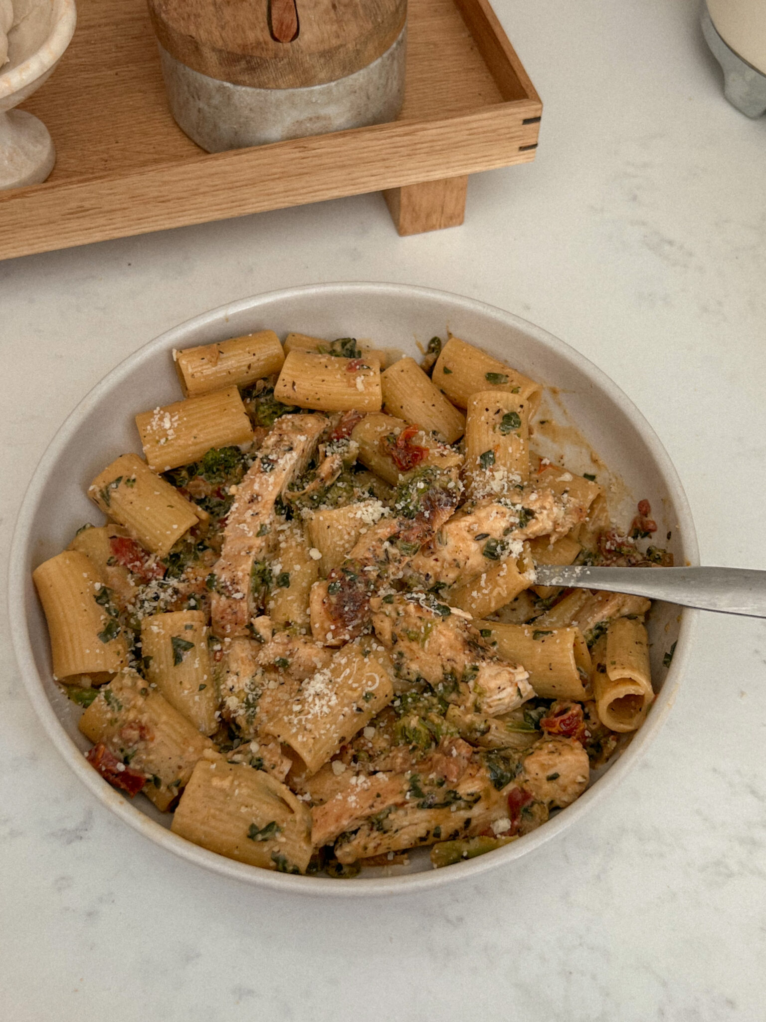 High Protein Creamy Chicken + Veggie Pasta