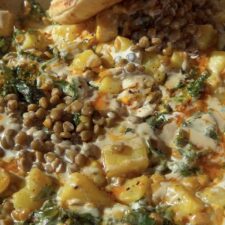 One Pan Creamy Lentils, Japanese Sweet Potatoes, + Kale